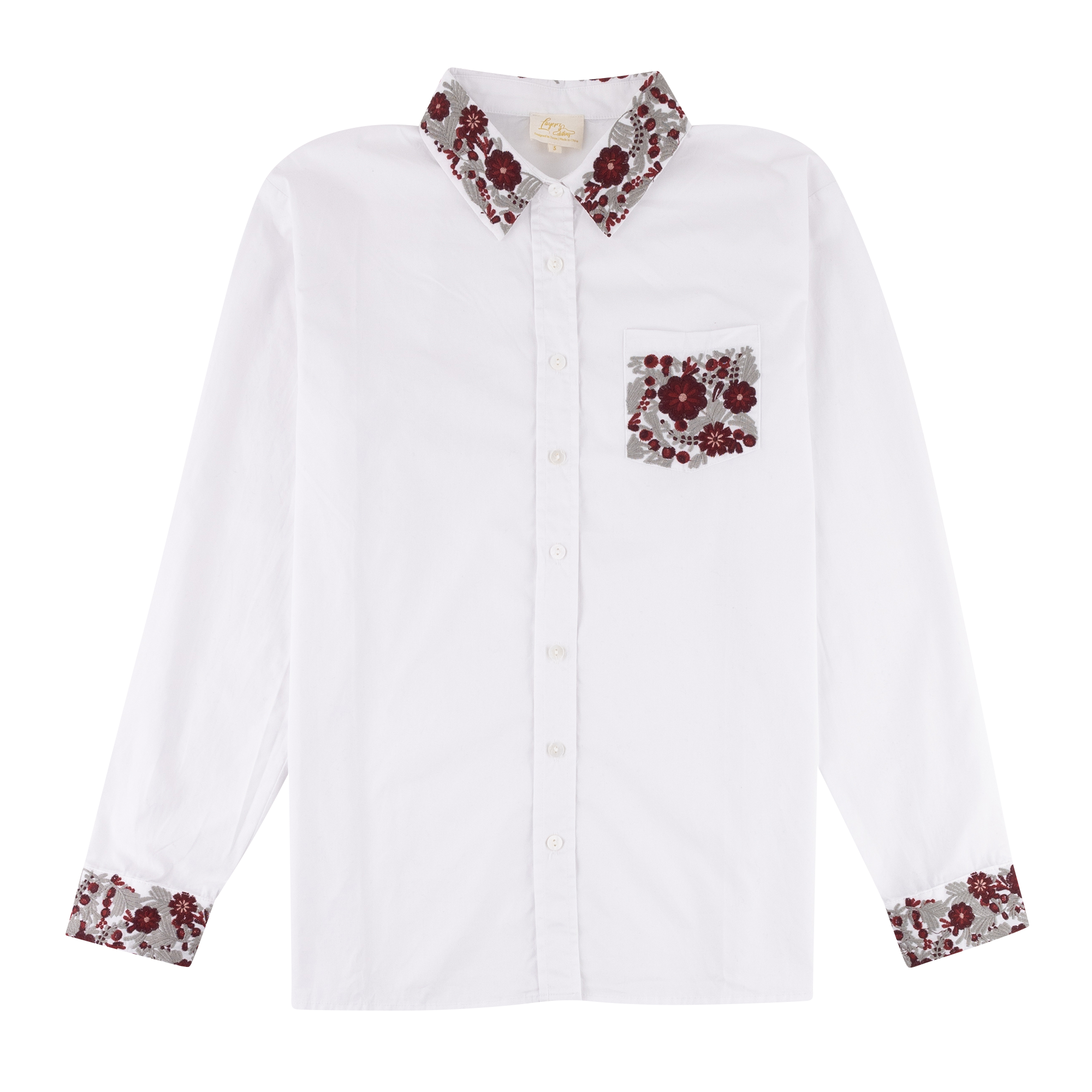 White Floral Embroidered Button Down
